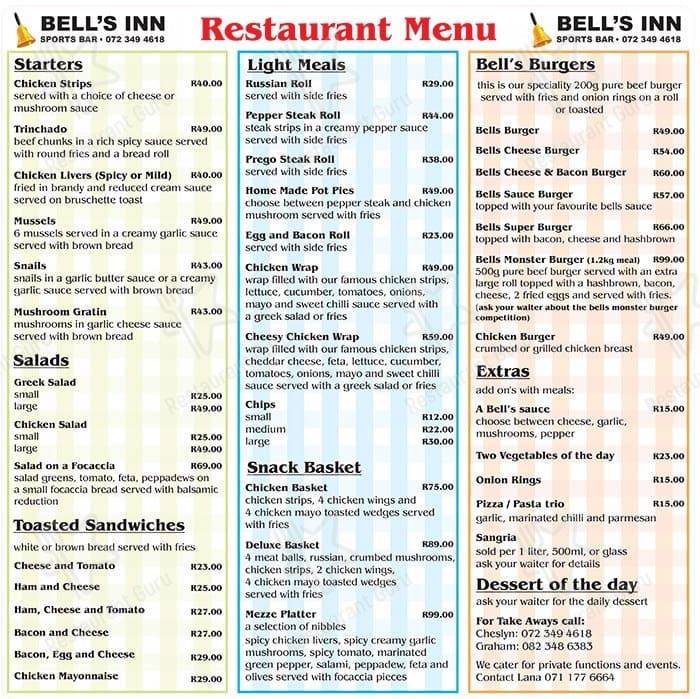 Menu at Bells Inn Sports Bar, Johannesburg South, Corner of ...