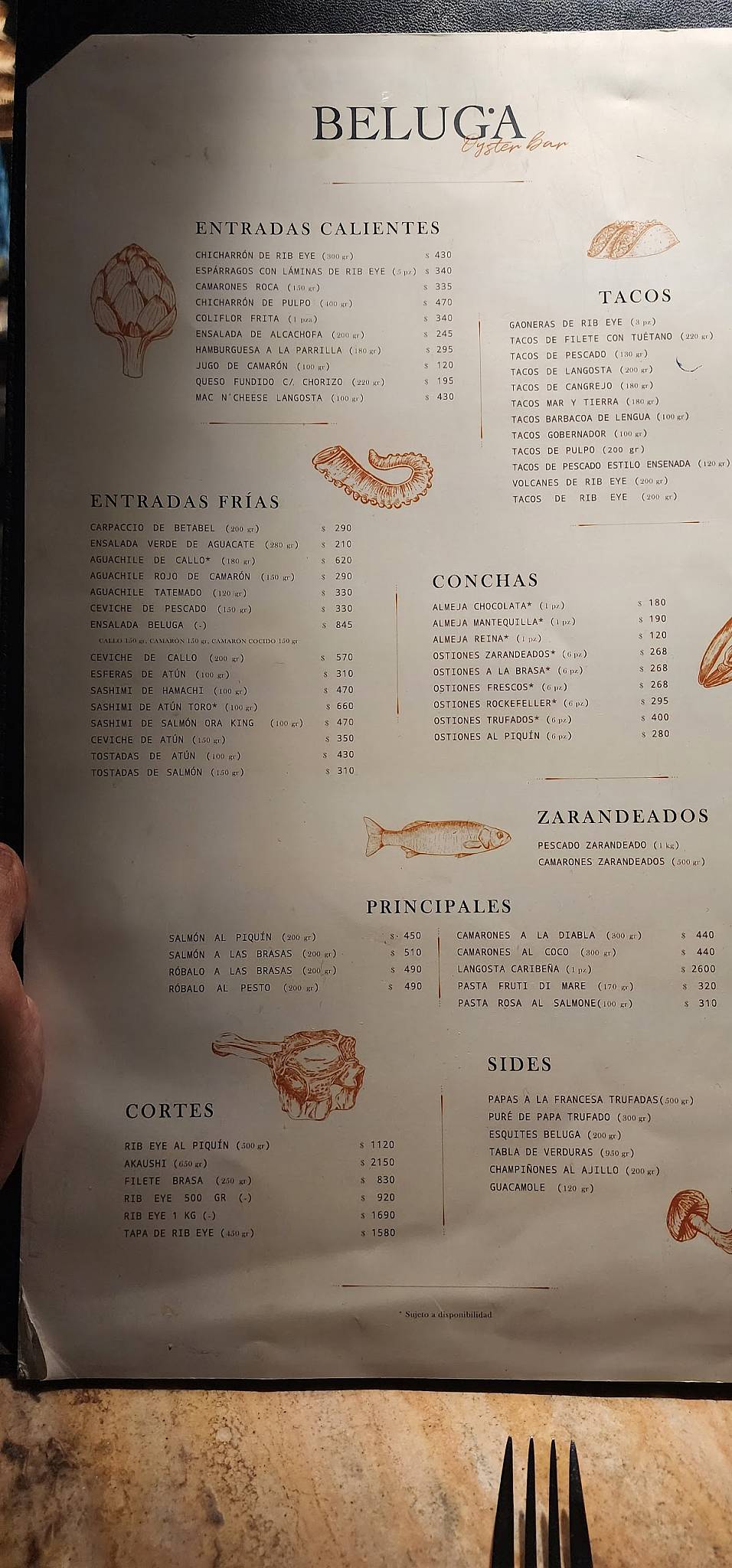 Menu at Beluga restaurant, Monterrey