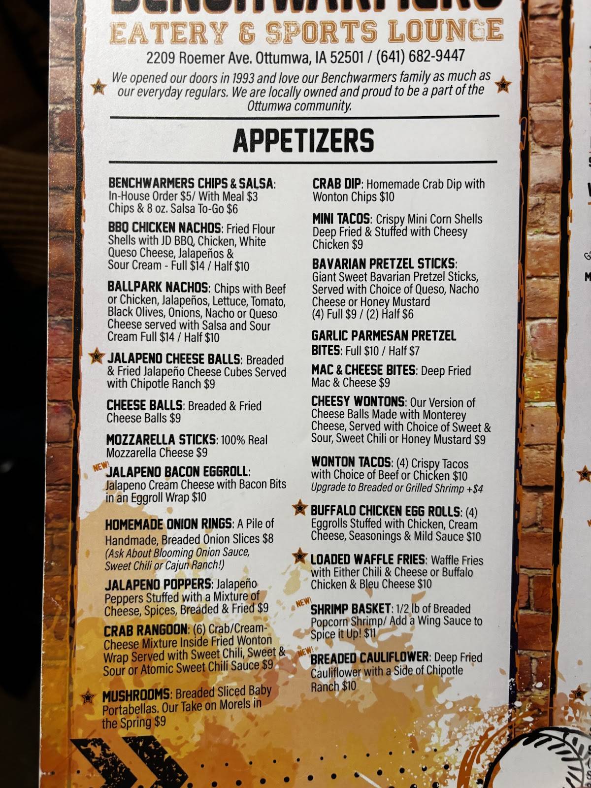 Menu at Benchwarmers Eatery & Sports pub & bar, Ottumwa