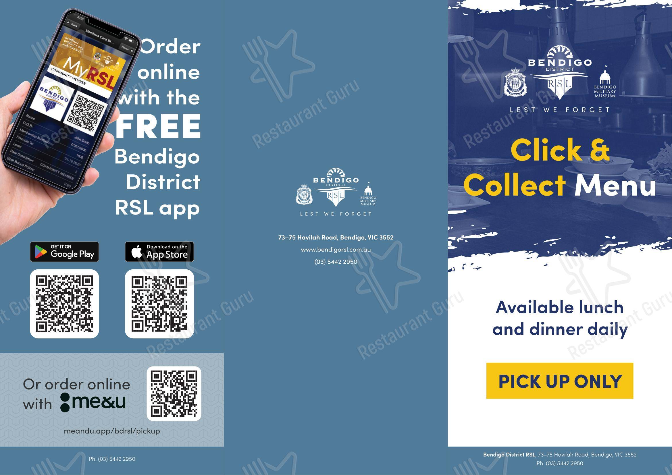 Menu at Bendigo District RSL restaurant, Bendigo