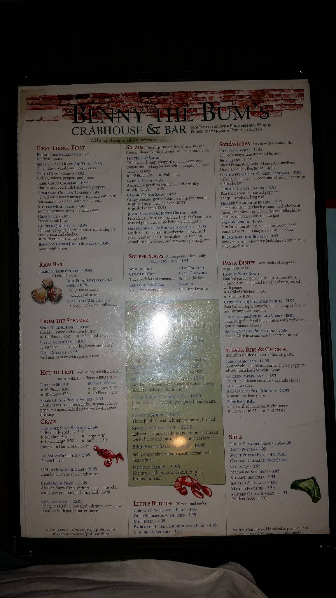 Menu at Benny The Bum's restaurant, Philadelphia, Bustleton Ave #3