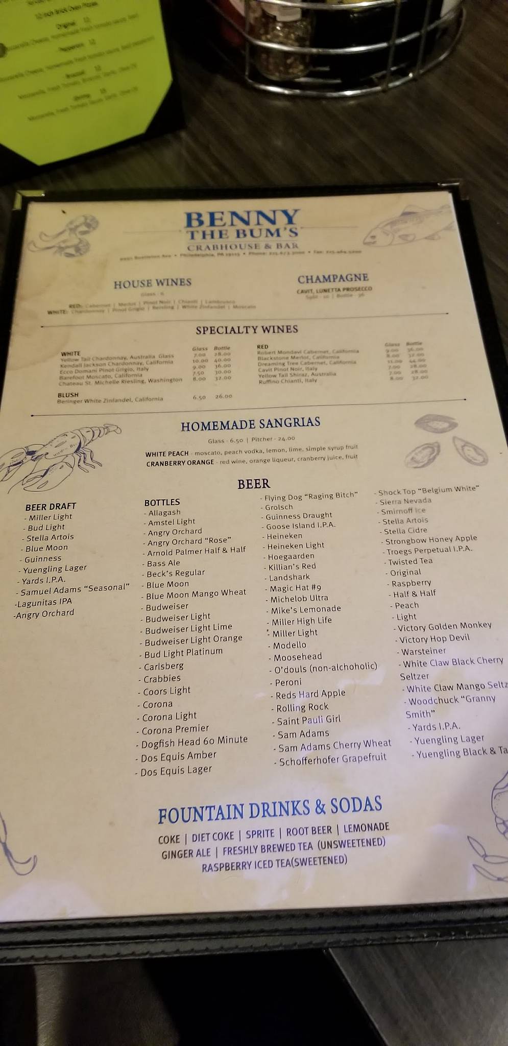 Menu at Benny The Bum's restaurant, Philadelphia, Bustleton Ave #3