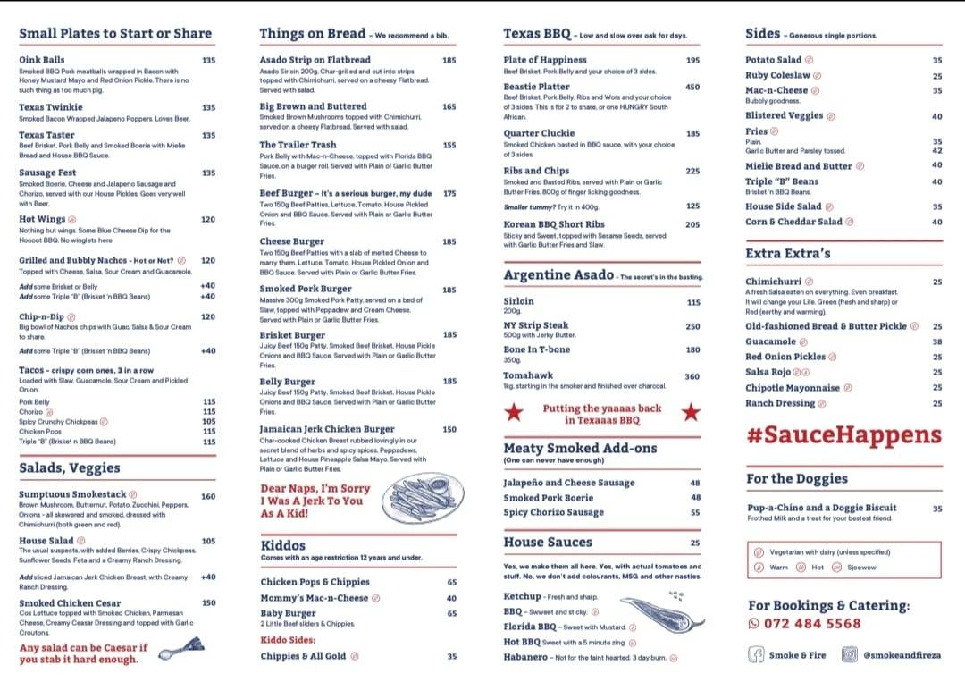 Menu at Smoke and Fire BBQ, Benoni