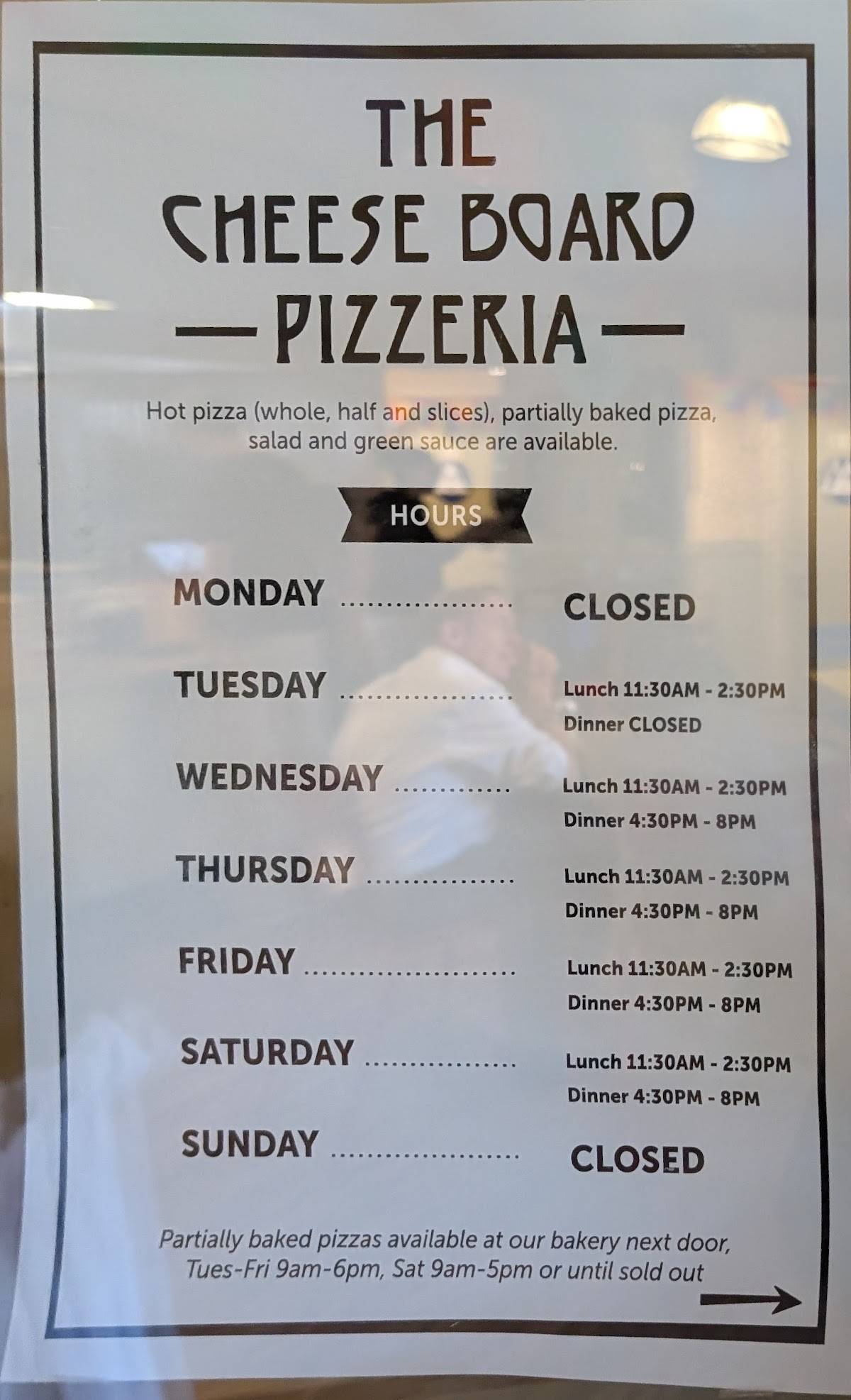 Menu at Cheese Board Collective Pizzeria, Berkeley