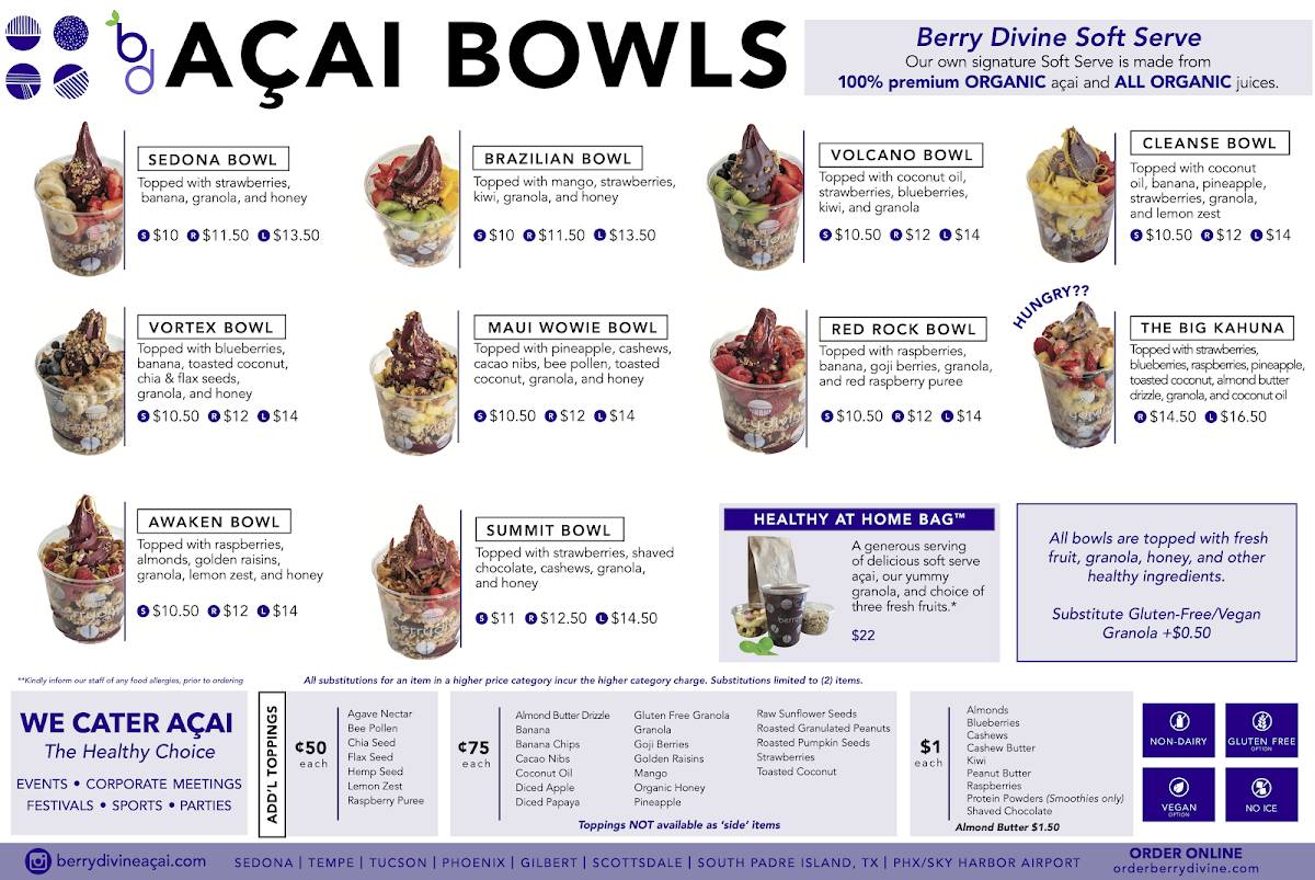 Carta del pub y bar Berry Divine Acai Bowls, Phoenix, N 16th St Ste A