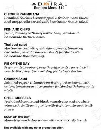 Menu at The Admiral pub & bar, Kwinana Town Centre
