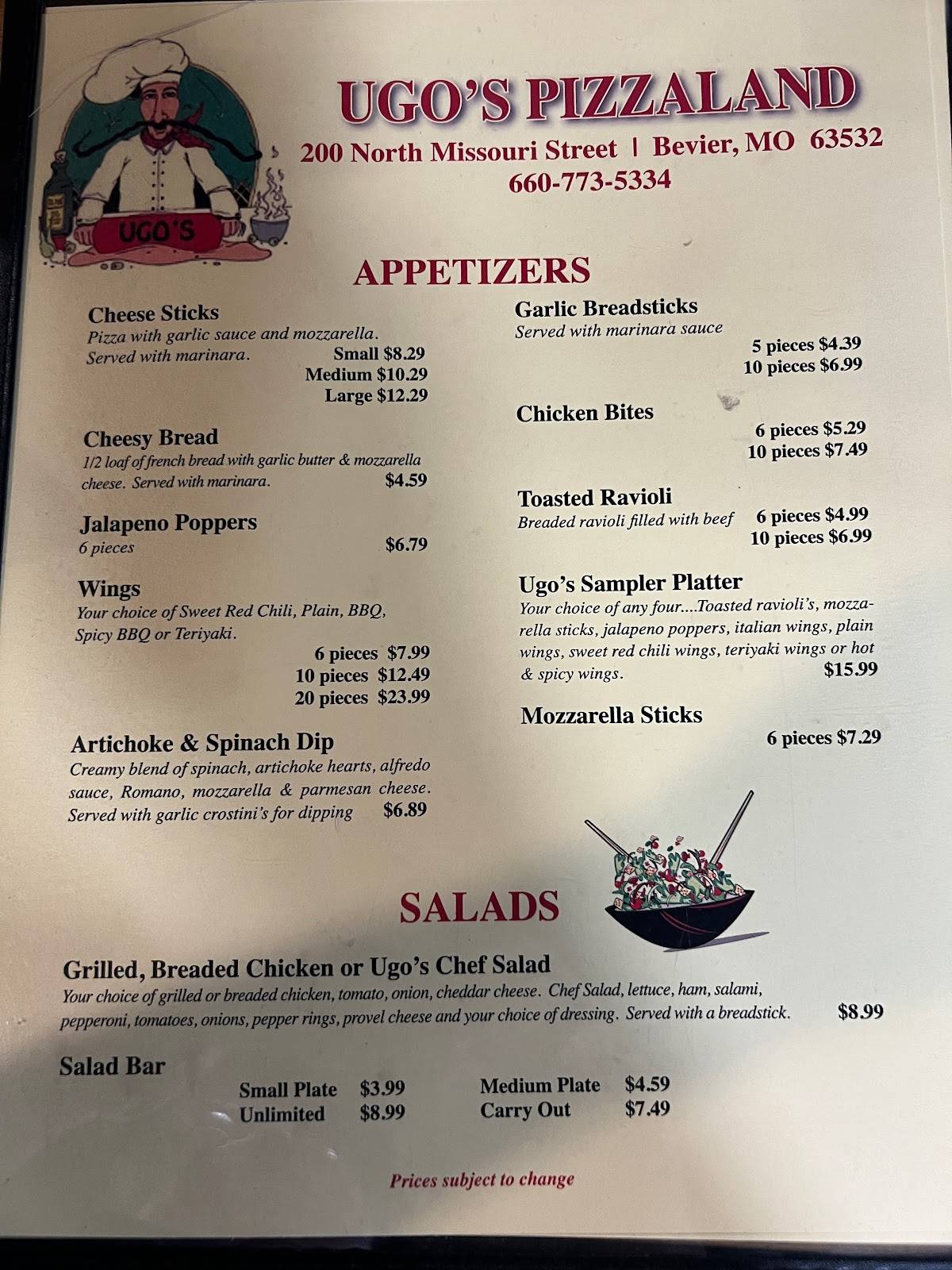Menu at Ugo's Pizzaland pizzeria, Bevier