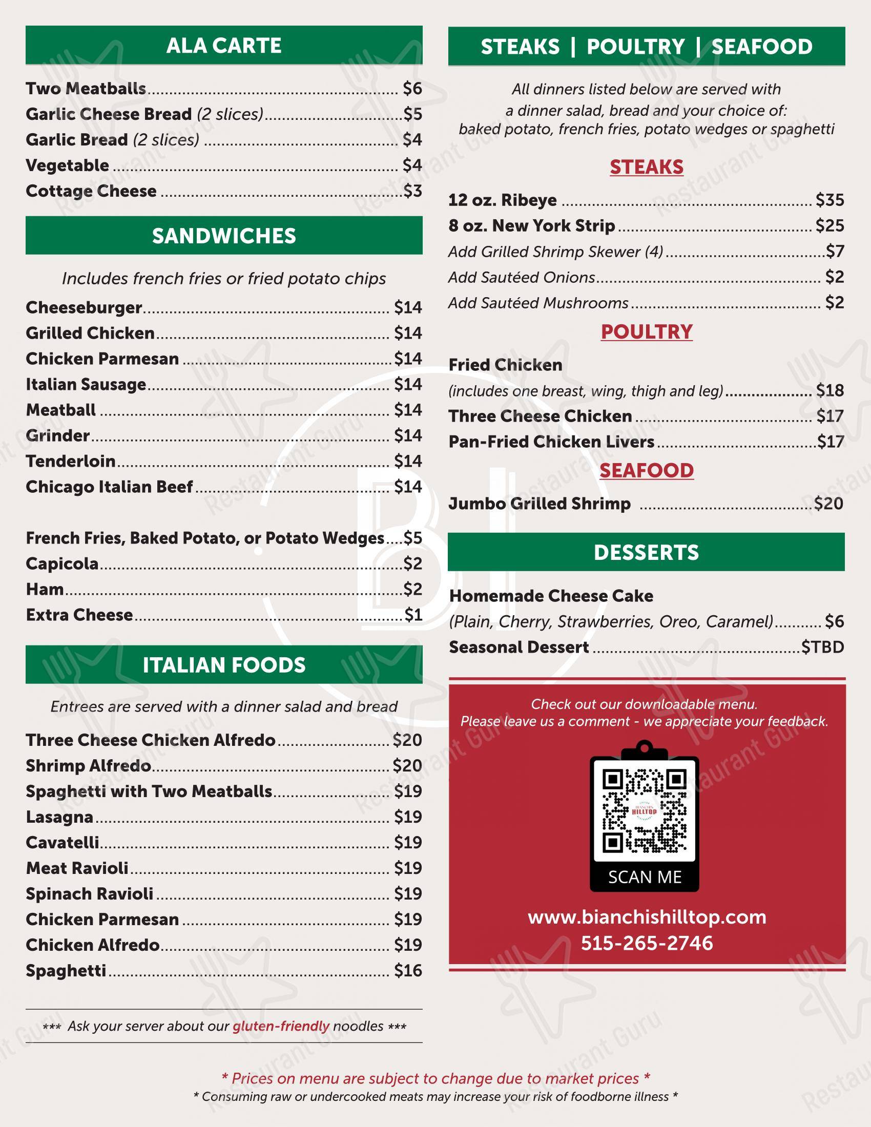 Menu at Bianchi's Hilltop Restaurant, Des Moines