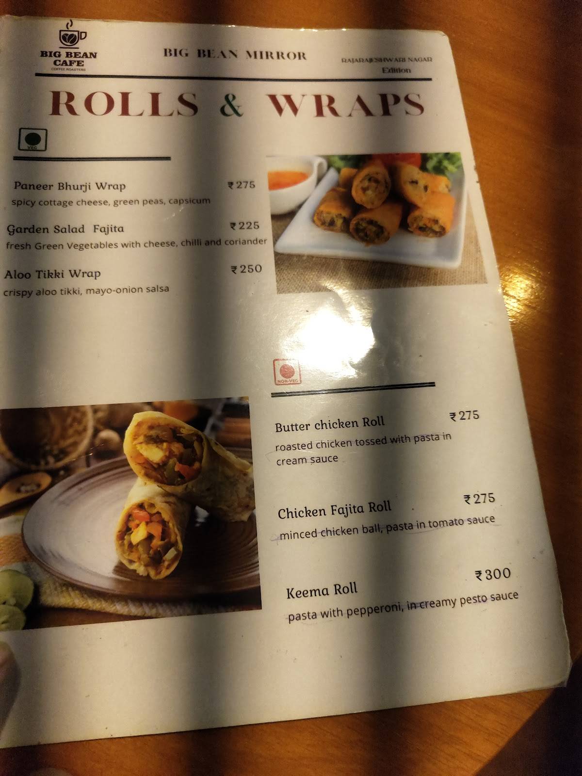 Menu at Big Bean Cafe, Bengaluru