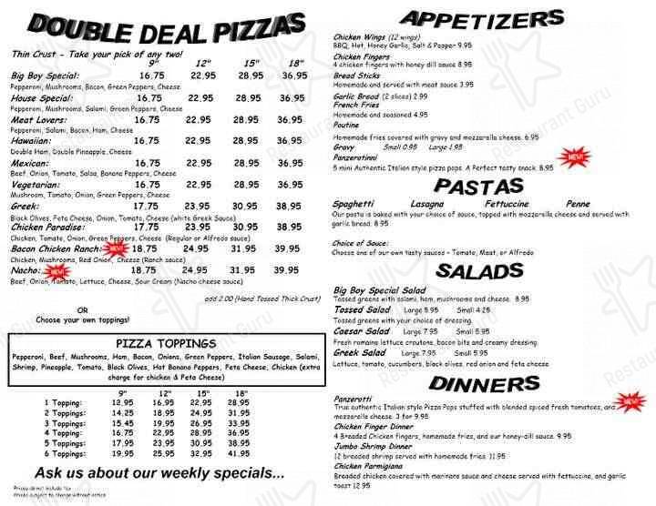 Menu au Big Boy Pizza pizzeria, Winnipeg