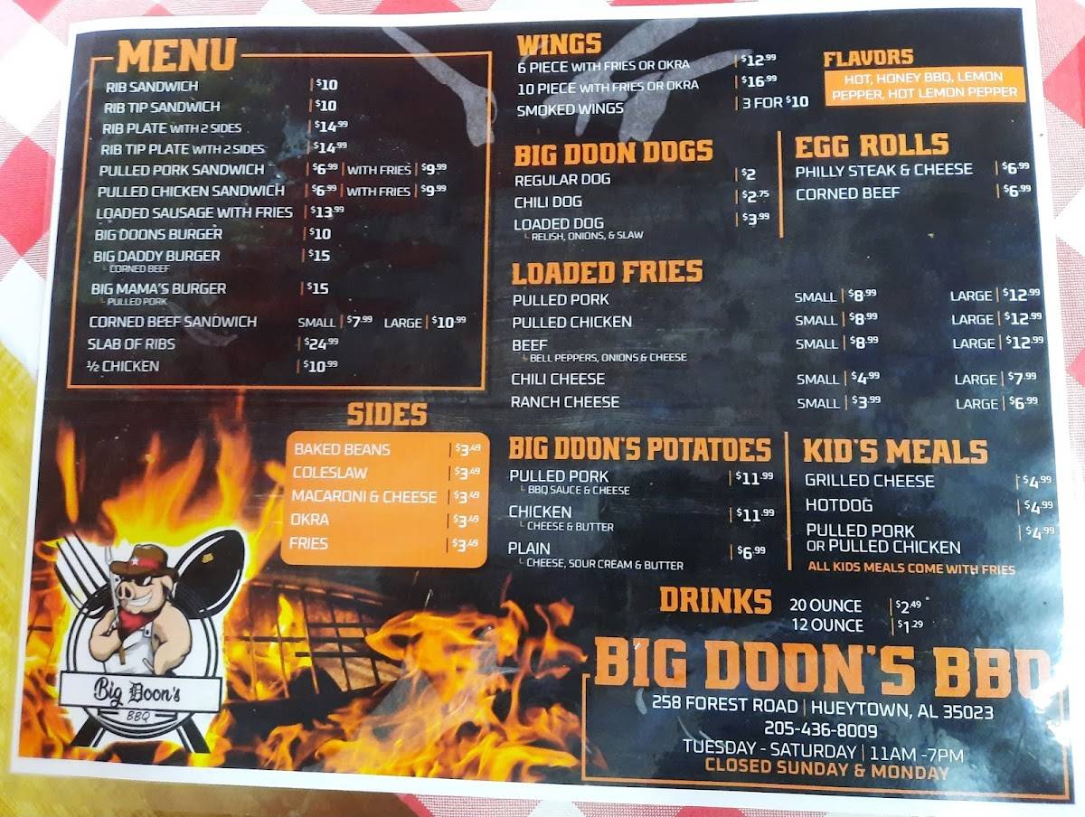 Menu at Big Doon's BBQ, Hueytown
