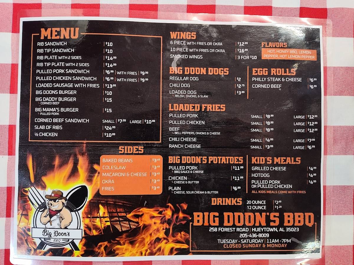 Menu at Big Doon's BBQ, Hueytown
