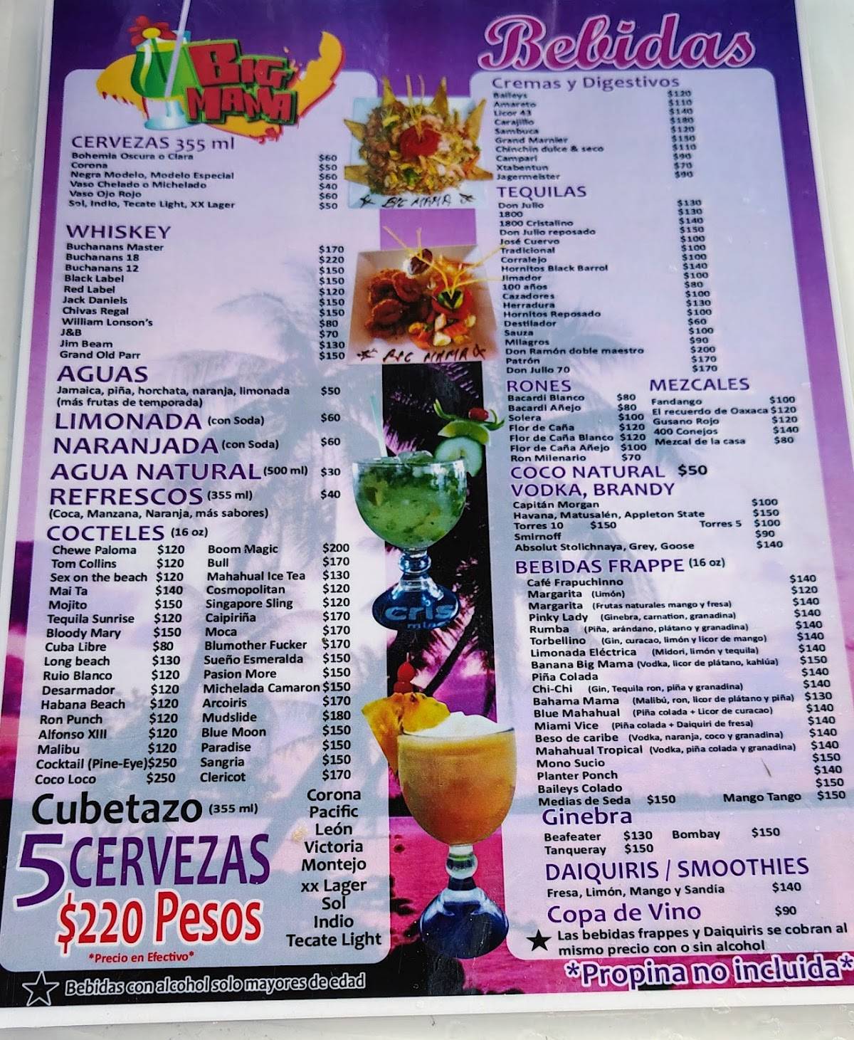 Carta del restaurante Big Mama, Mahahual