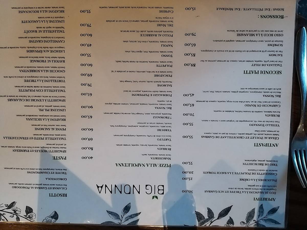 Menu at Big Nonna restaurant, Casablanca