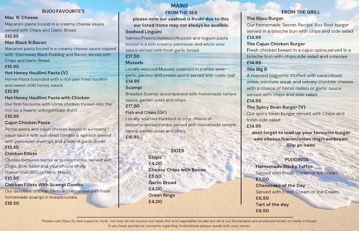 Menu at Bijou by the Sea restaurant, Buckie