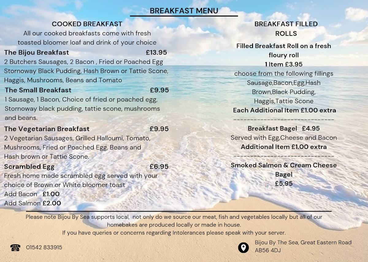 Menu at Bijou by the Sea restaurant, Buckie