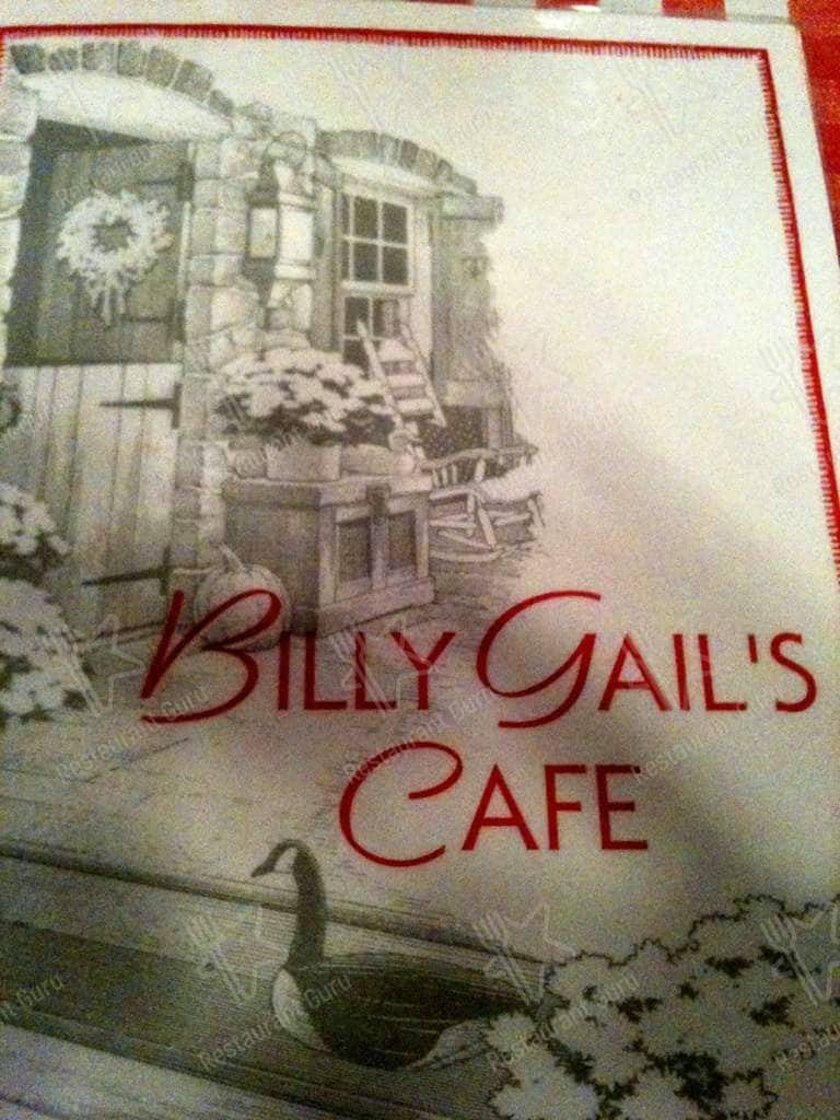 Menu at Billy Gail's cafe, Branson