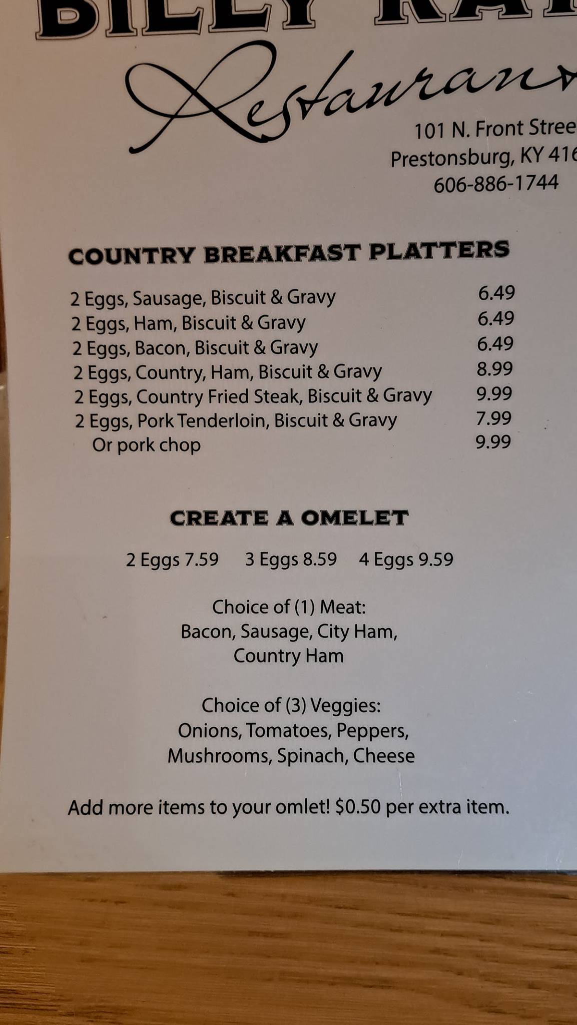 Menu at Billy Ray's Restaurant, Prestonsburg, 101 N Front St