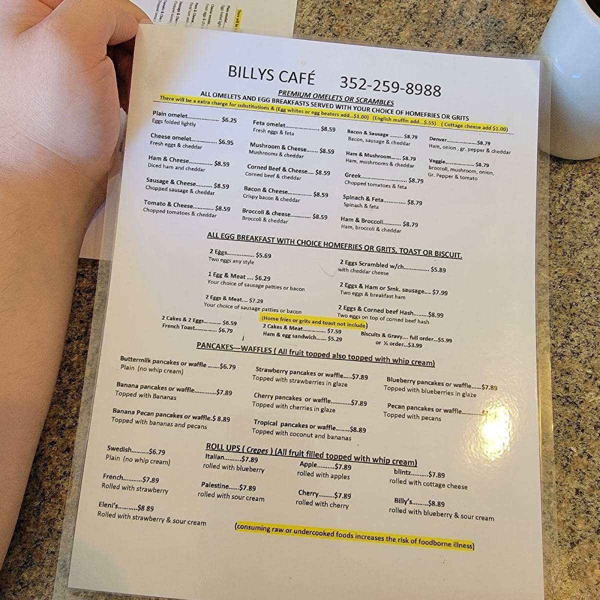 Menu at Billy's Cafe, Lady Lake