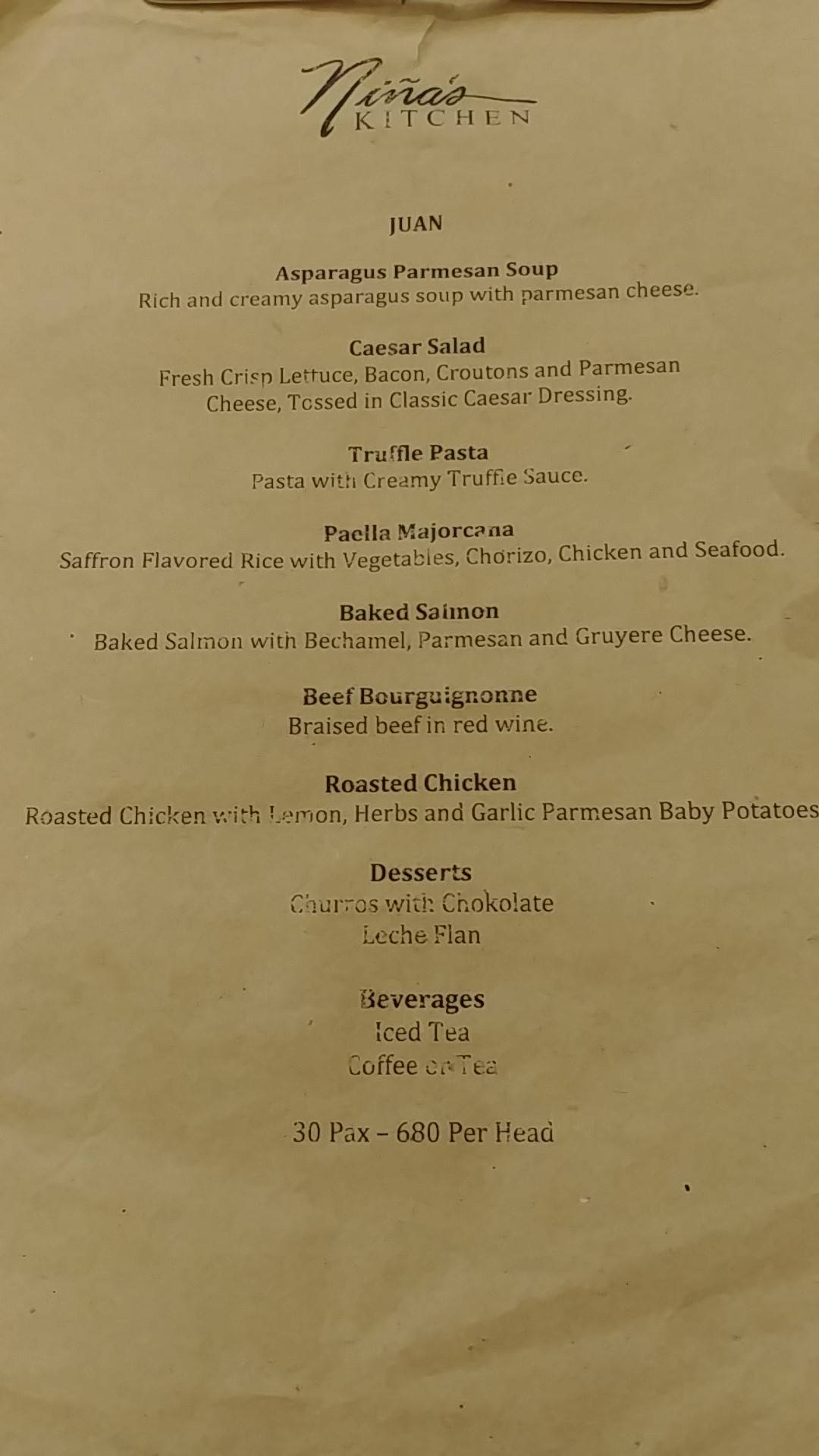 Menu at Niñas Kitchen restaurant, Biñan, Luzon 4024