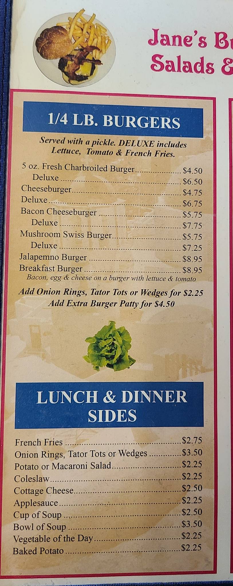 Menu at Jane's Diner restaurant, Binghamton