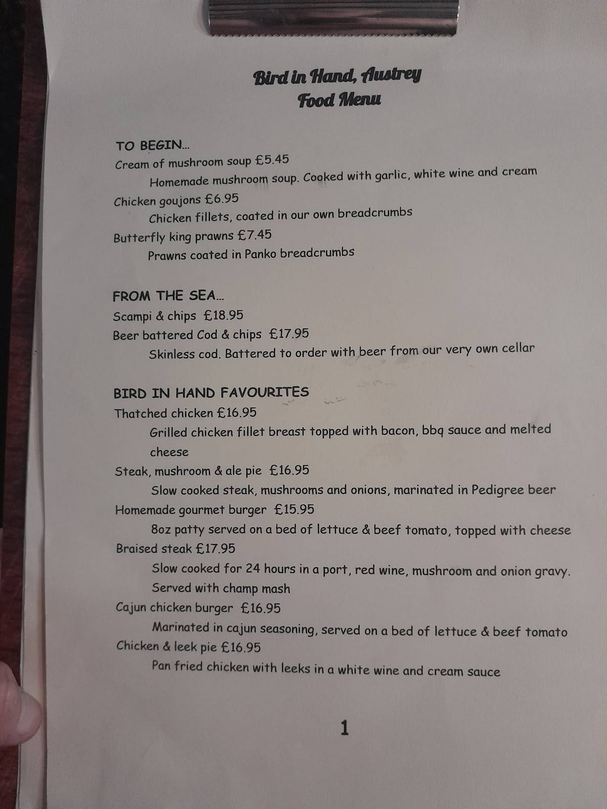 Menu at Bird In Hand pub & bar, Austrey, Main Rd