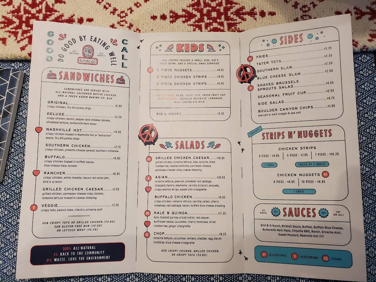 Menu at Birdcall restaurant, Colorado Springs