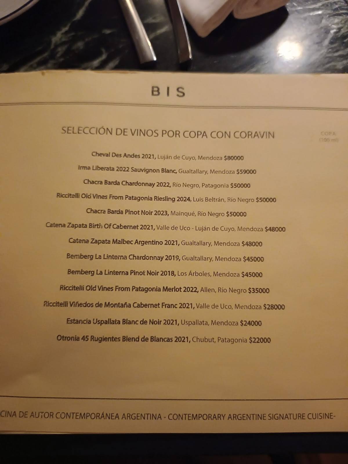 Carta de Bis Restaurante, Buenos Aires