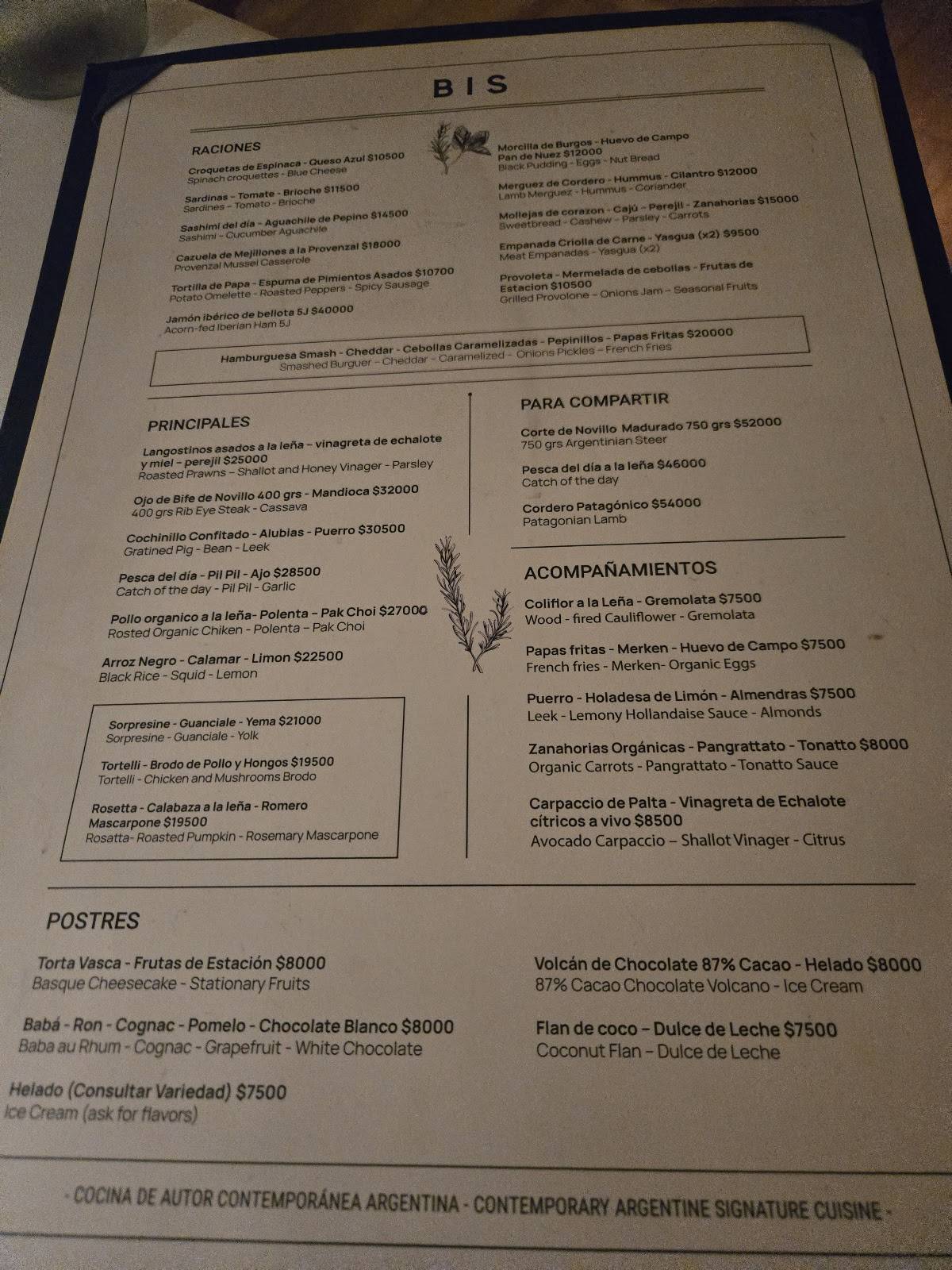 Carta de Bis Restaurante, Buenos Aires