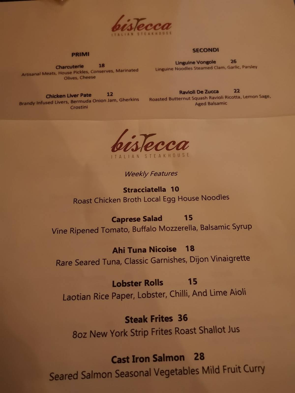 Menu au Bistecca Italian Steakhouse, Kincardine