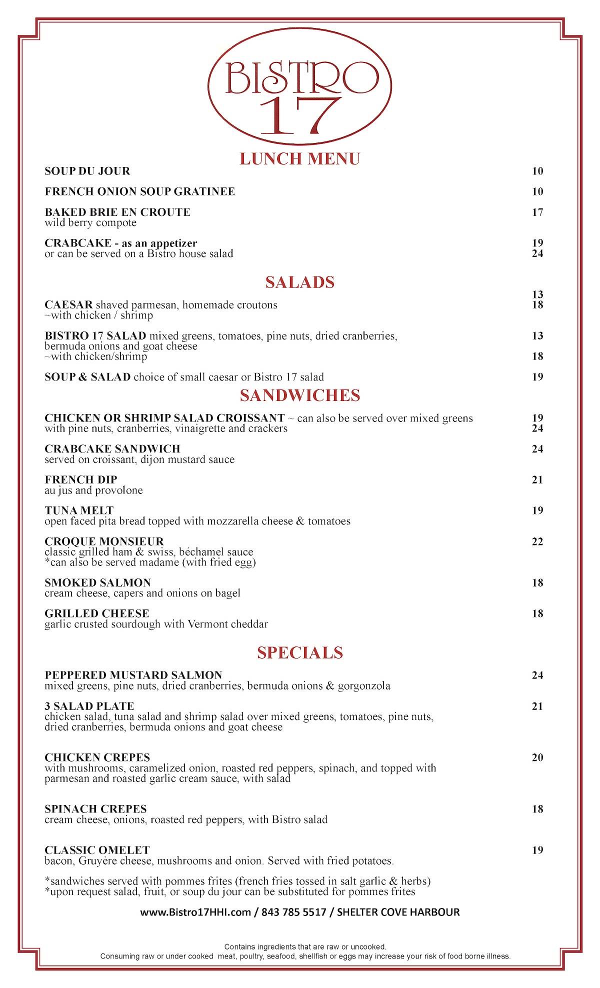 Menu at Bistro 17 restaurant, Hilton Head Island, 17 Harbourside Ln D