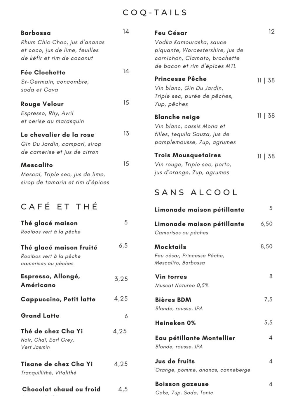 Menu at Bistro Coqlicorne pub & bar, Gatineau