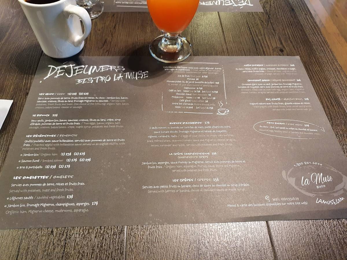 Menu au Bistro La Muse restaurant, Baie-Saint-Paul