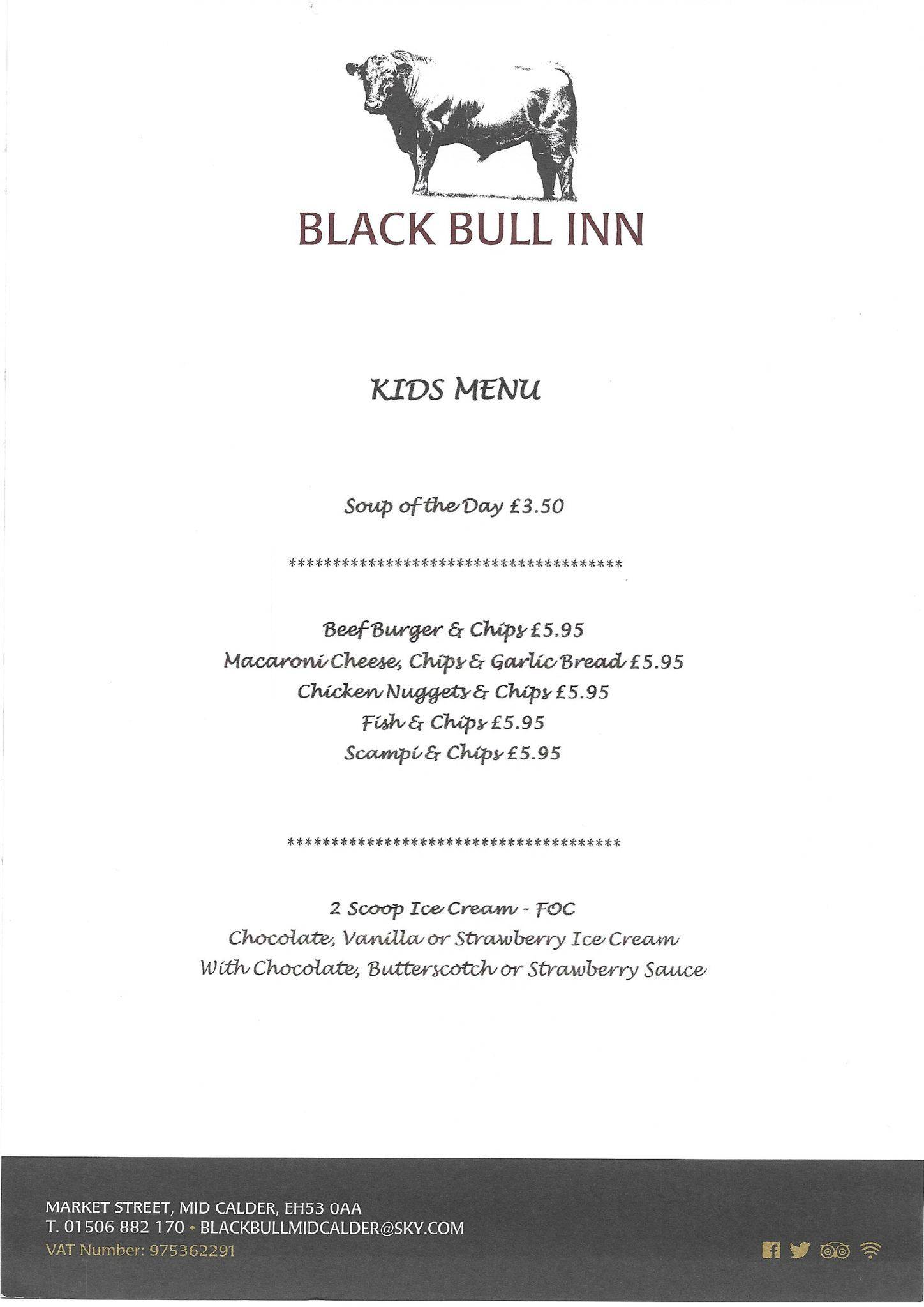 Menu at Black Bull Inn restaurant, Livingston