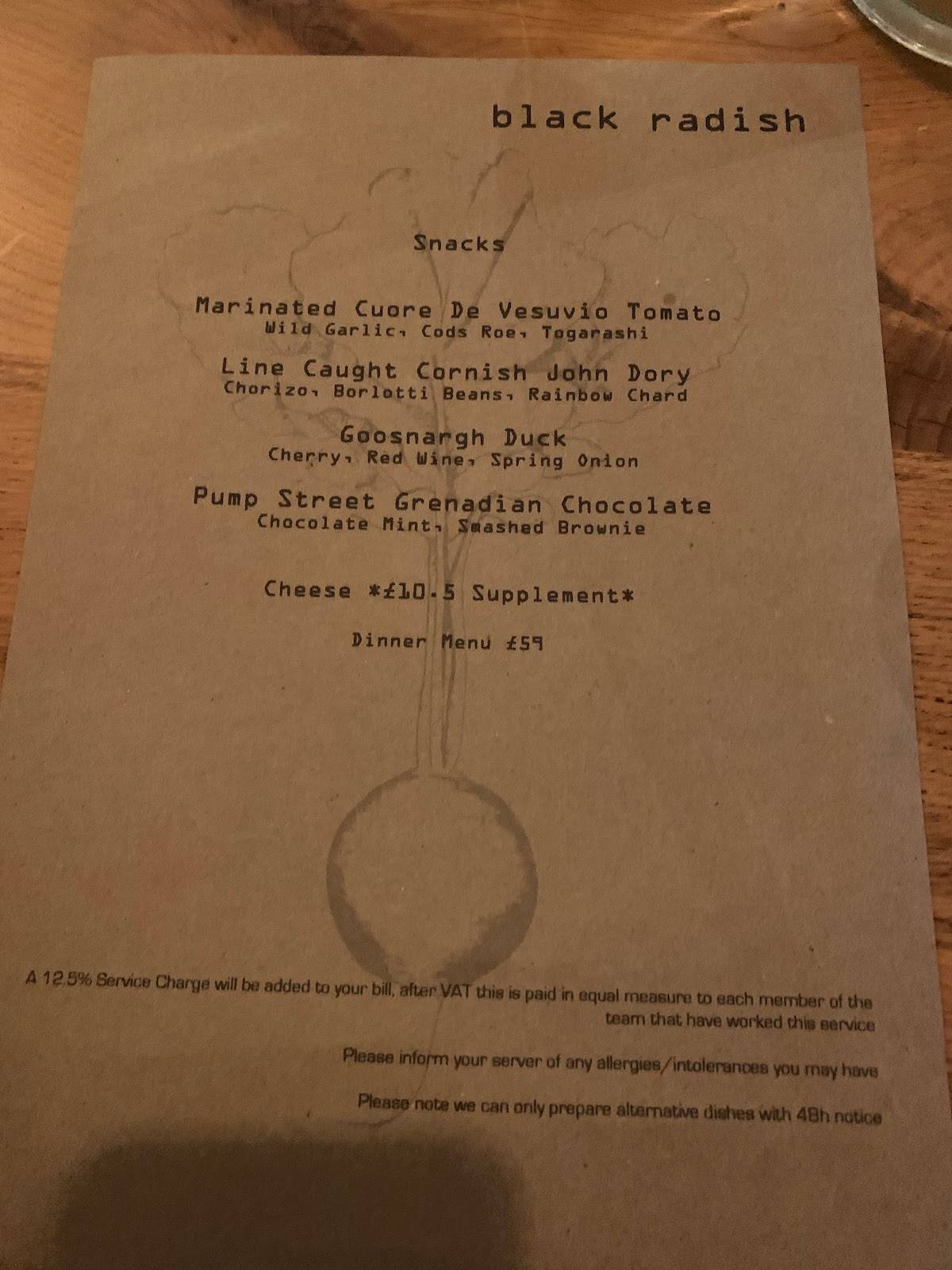 Menu at Black Radish Restaurant, London