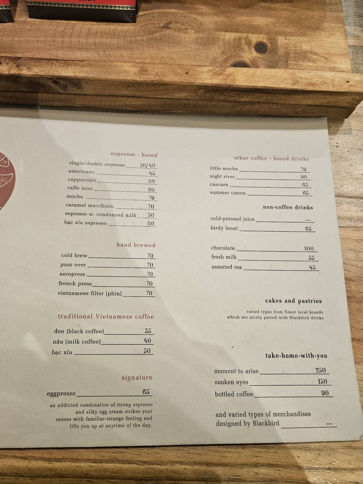 Menu at Blackbird Coffee cafe, Hanoi, 5 P. Chân Cầm