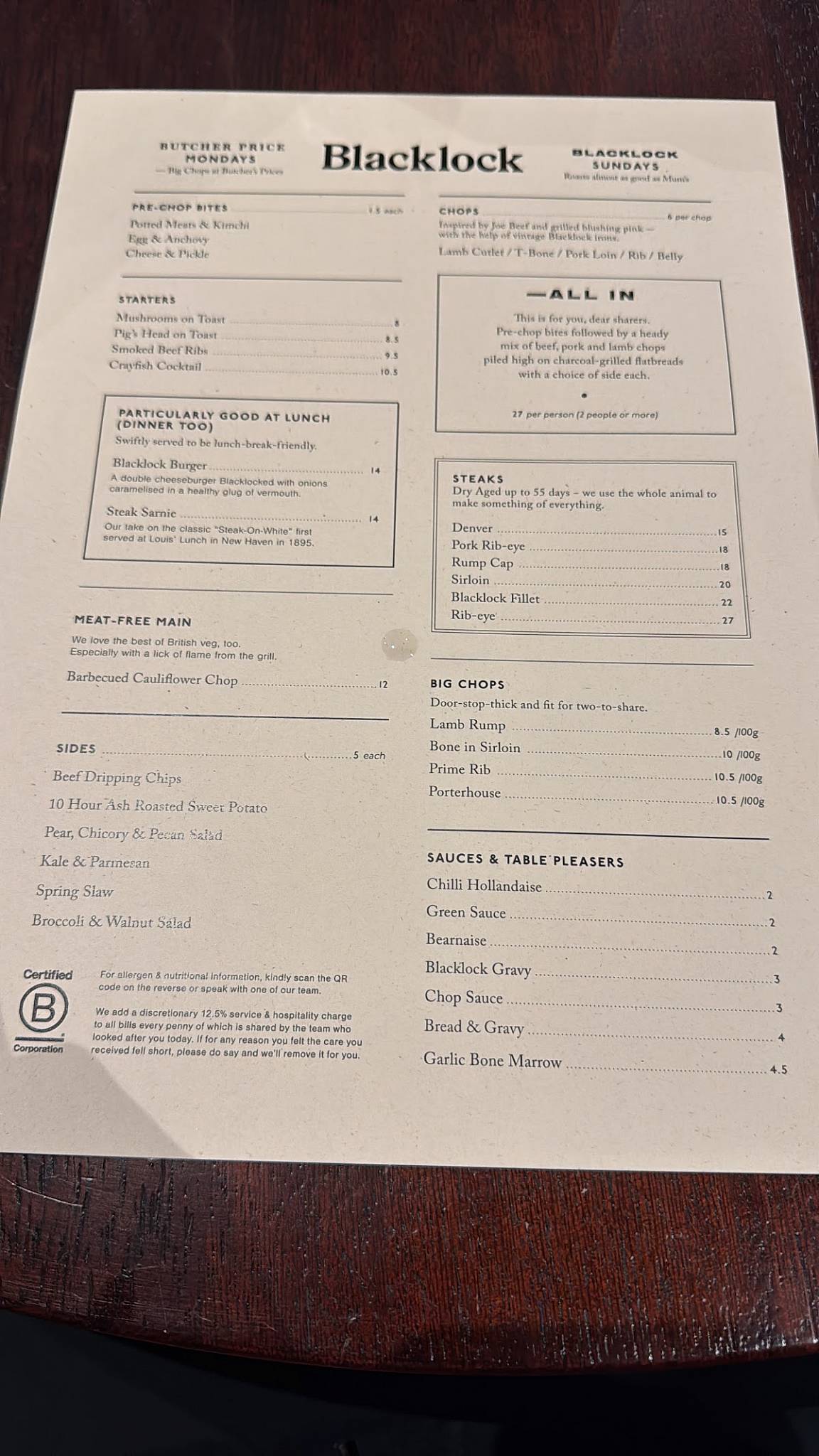 Menu at Blacklock City steakhouse, London, 13 Philpot Ln