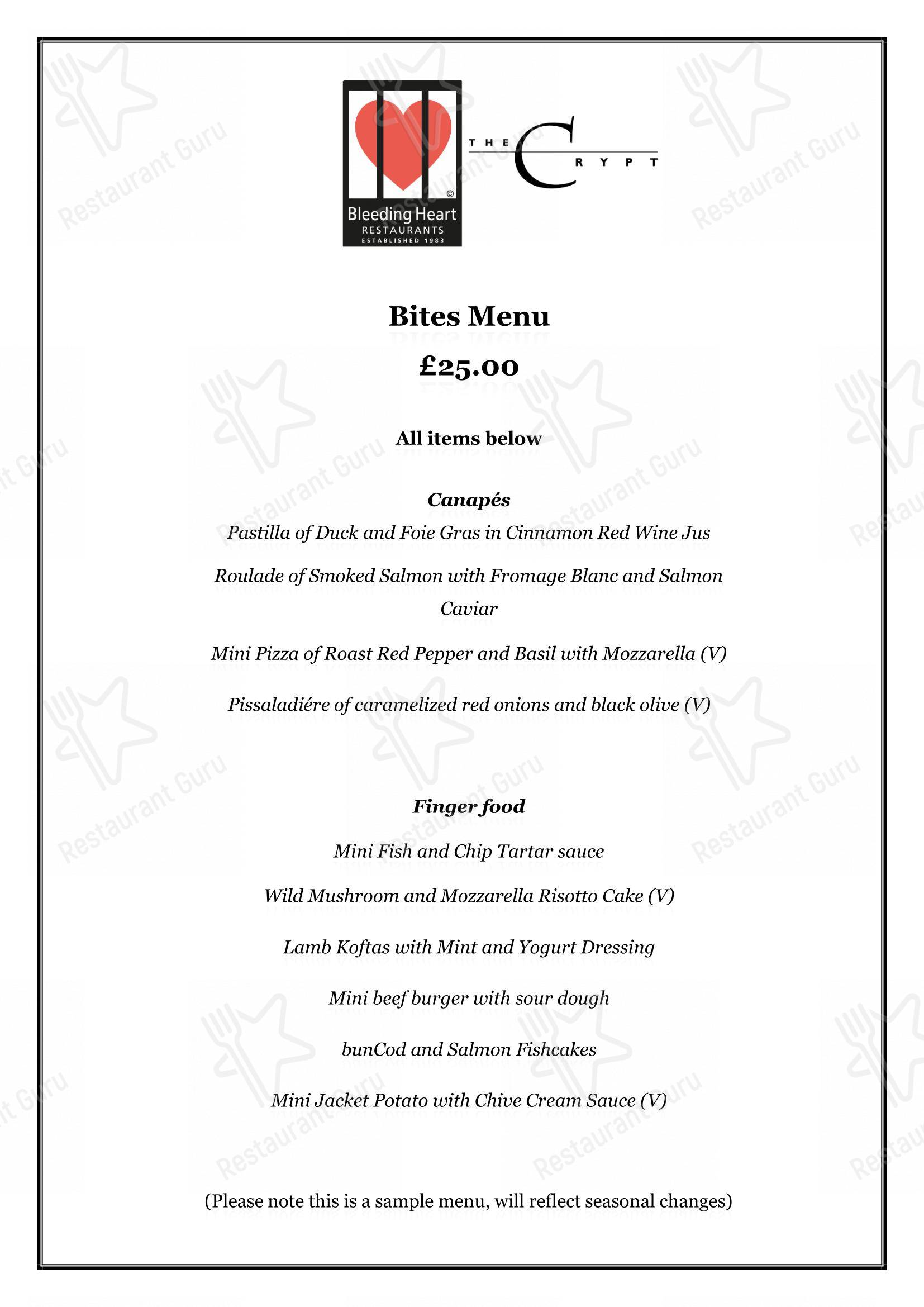 Menu at Bleeding Heart Bistro pub & bar, London, 7 Bleeding Heart Yard