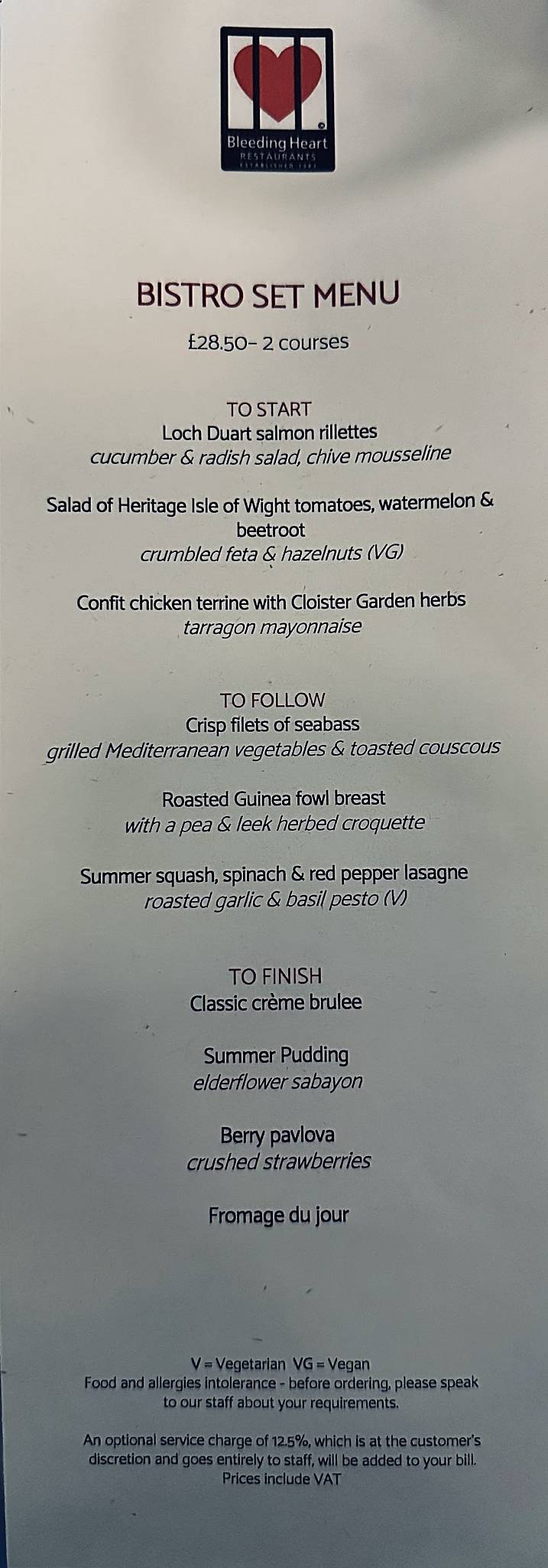 Menu at Bleeding Heart Bistro pub & bar, London, 7 Bleeding Heart Yard