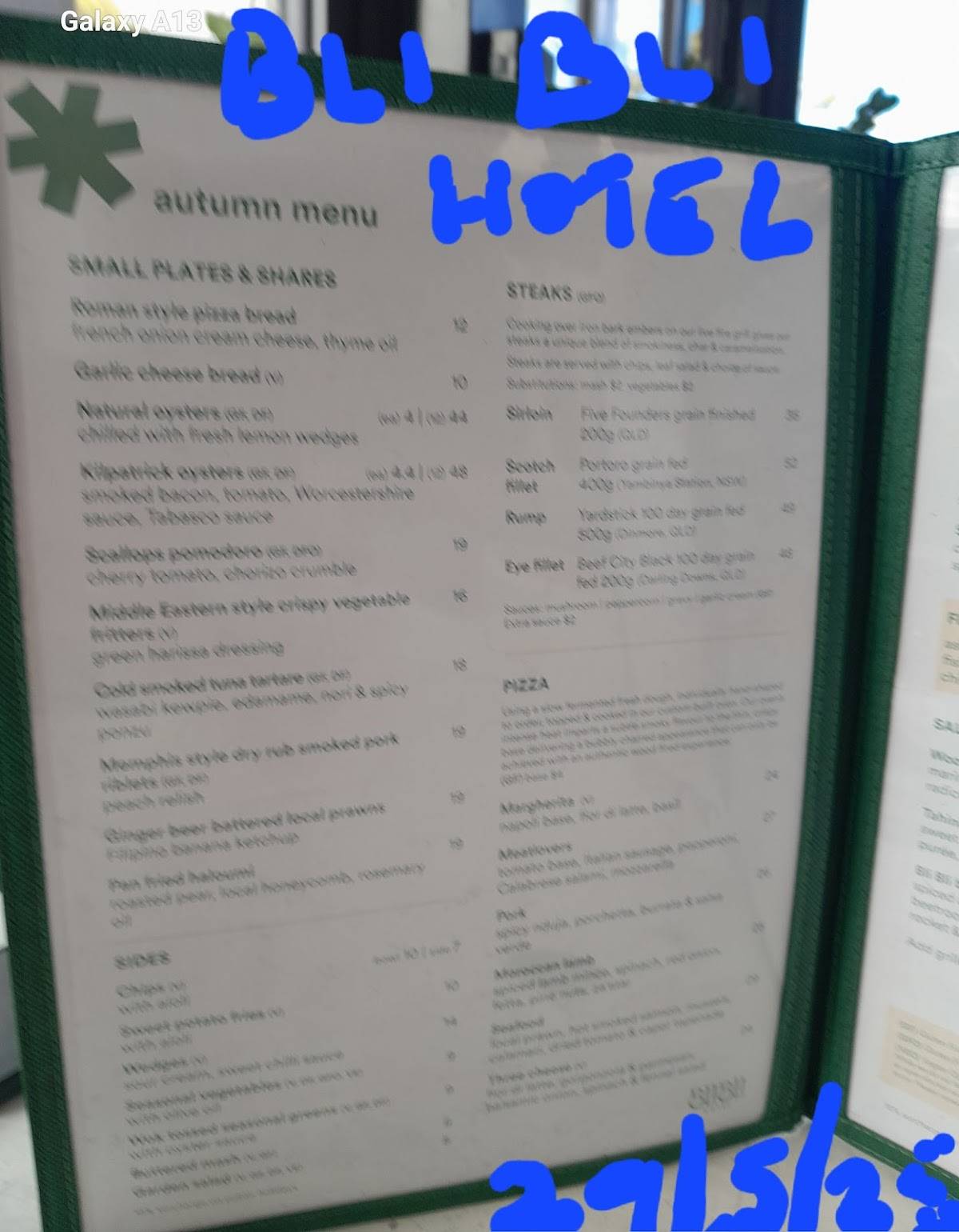 Menu at Bli Bli Hotel restaurant, Bli Bli