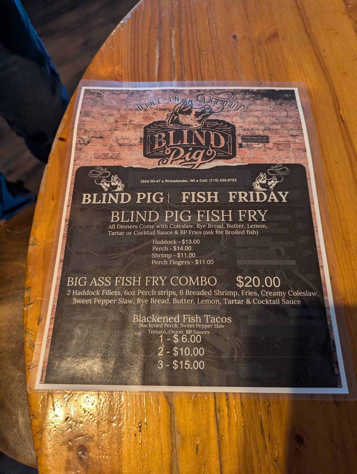 Menu at Blind Pig NW (Northwoods) pub & bar, Rhinelander