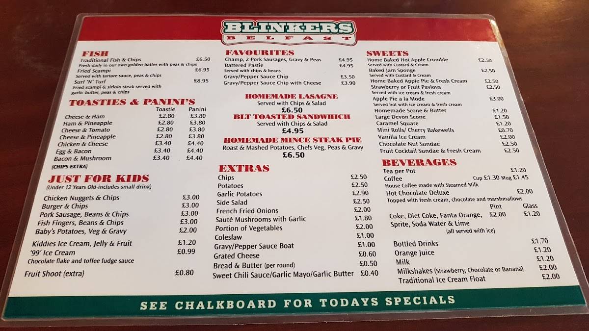 Menu at Blinkers cafe, Belfast