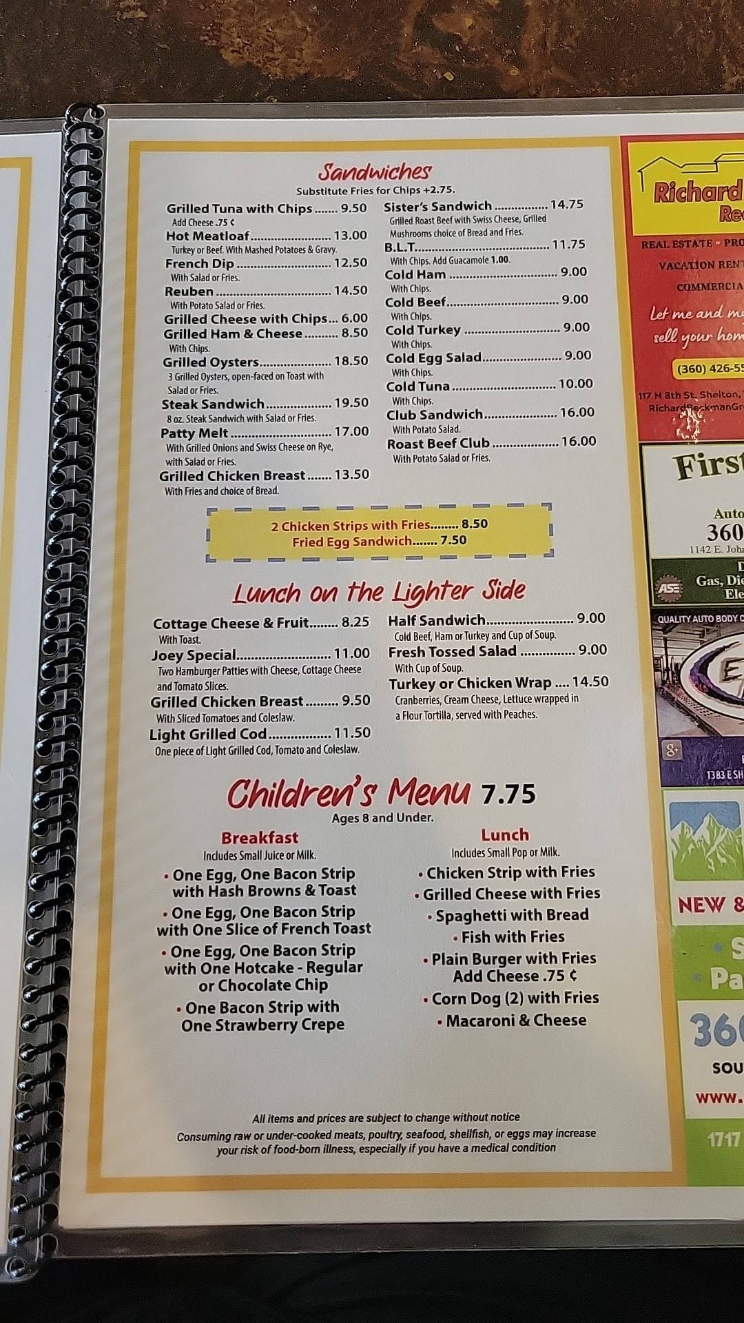 Menu at Blondie's Restaurant, Shelton