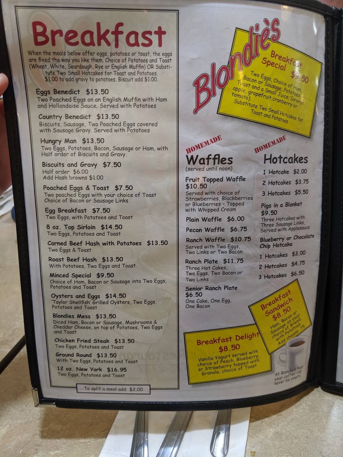 Menu at Blondie's Restaurant, Shelton