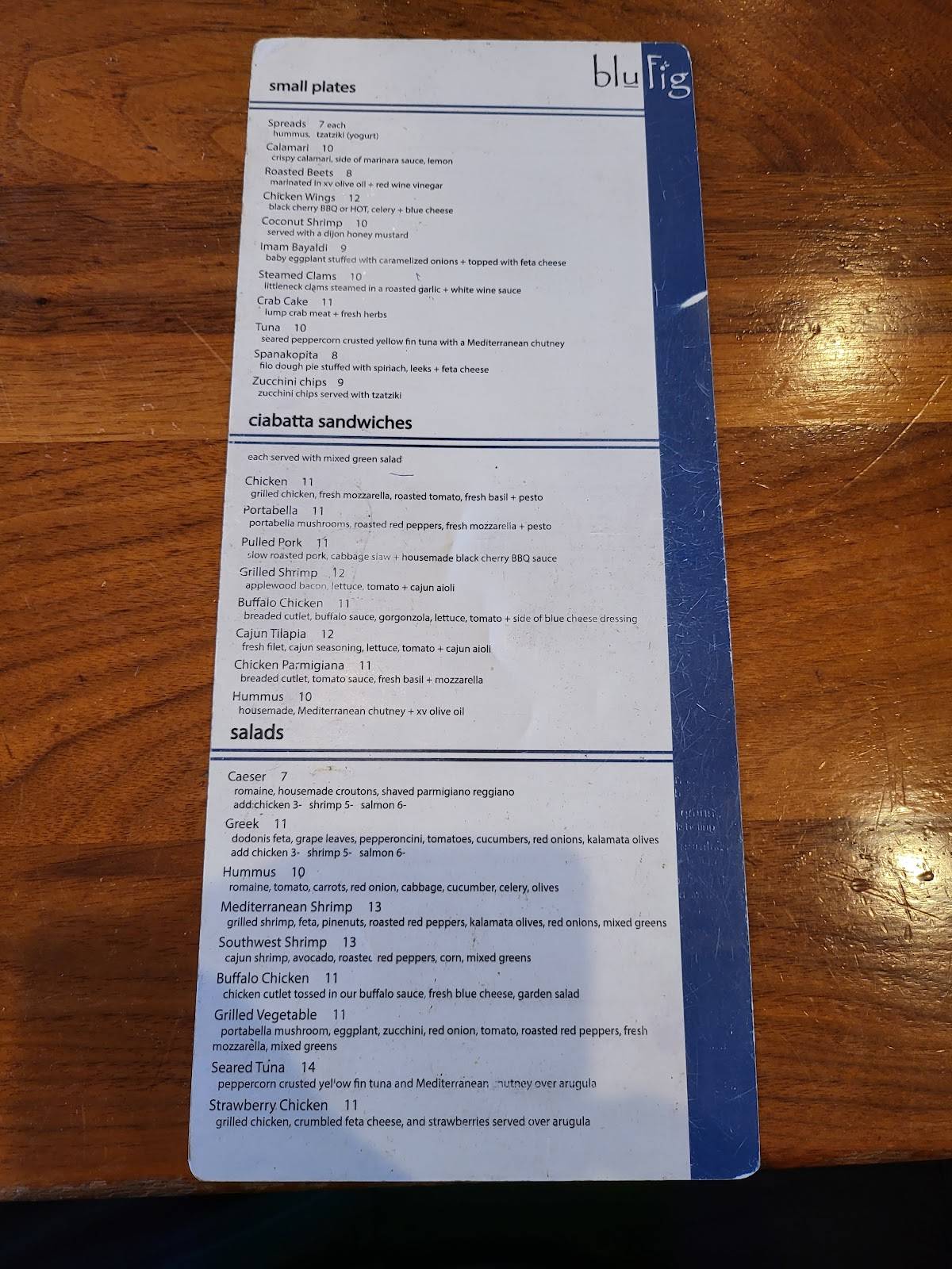 Menu at Blu Fig restaurant, New City