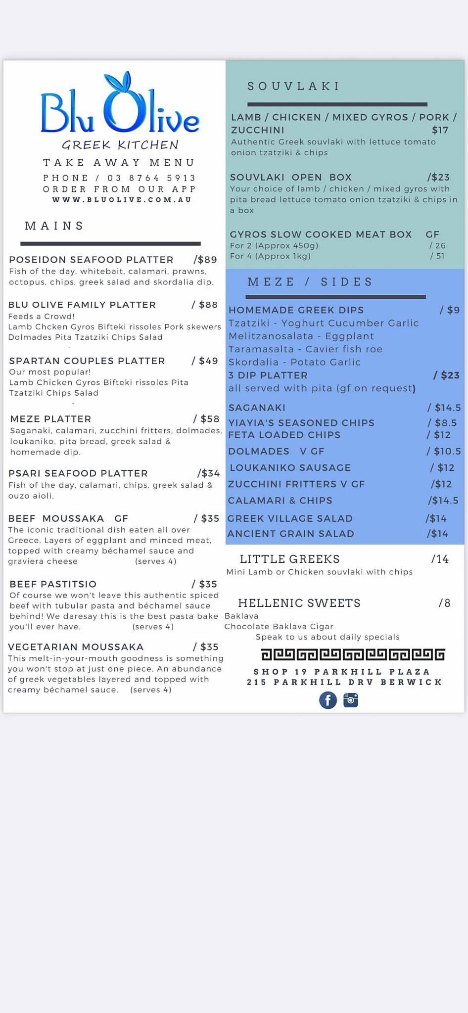 Menu at Blu Olive Greek Kitchen restaurant, Berwick