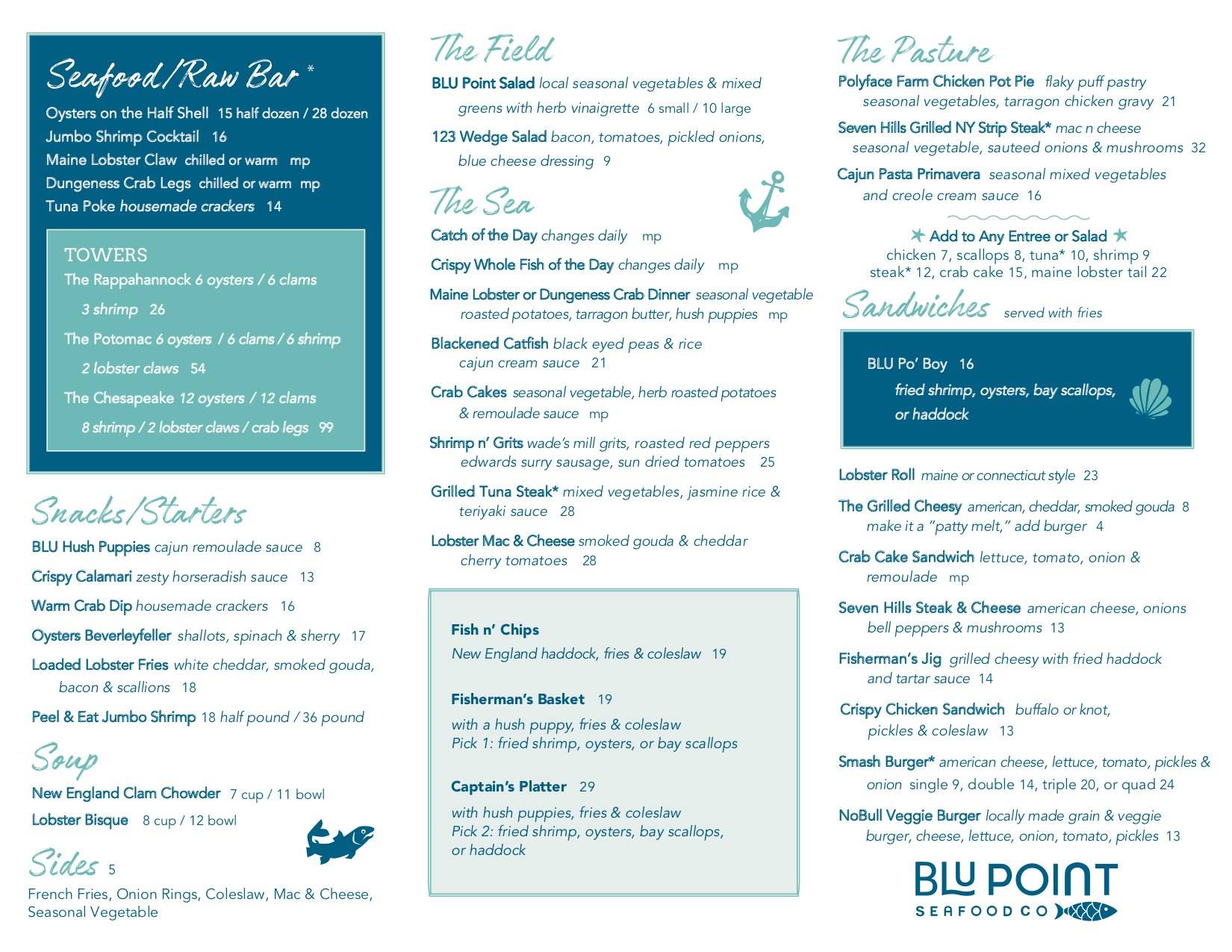 Menu at Blu Point Seafood Co. restaurant, Staunton