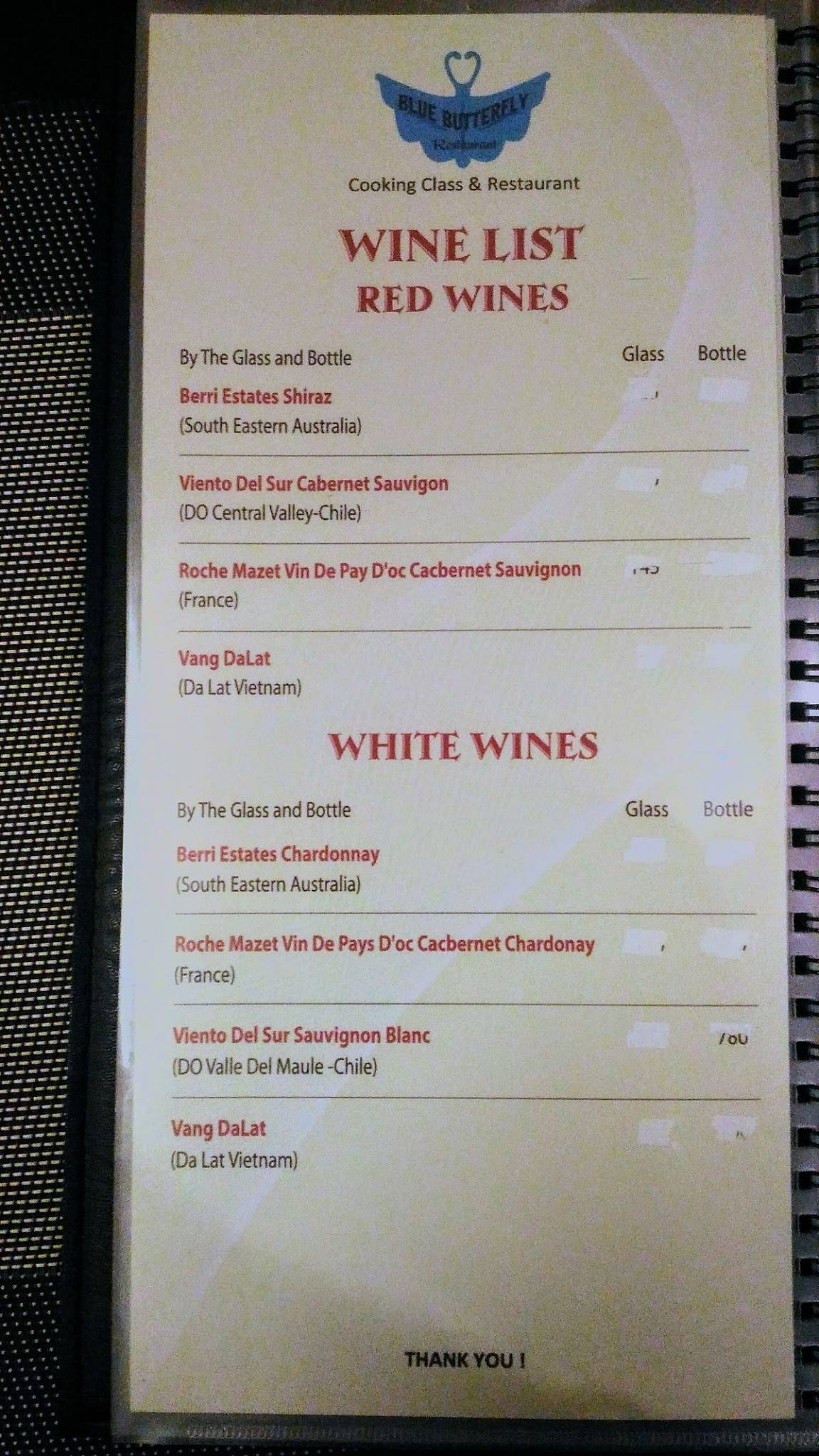 Carta de Blue Butterfly Restaurant & Cooking Class, Hanoi