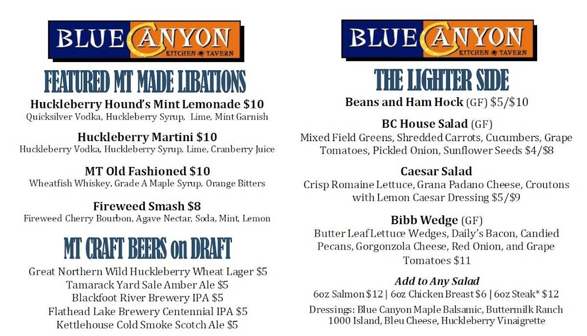 Menu at Blue Canyon Kitchen and Tavern pub & bar, Kalispell