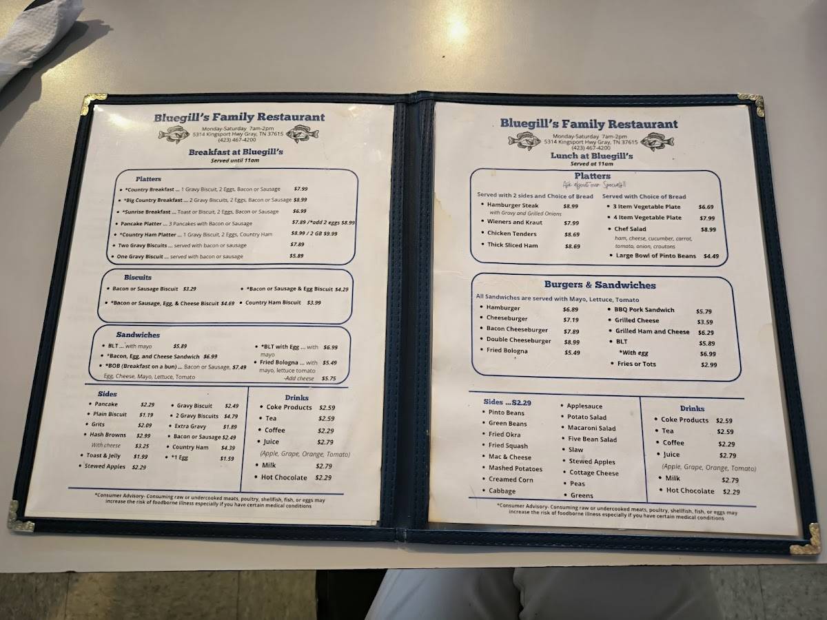 Menu at Blue Gill's Cafe, Johnson City, Kingsport Hwy